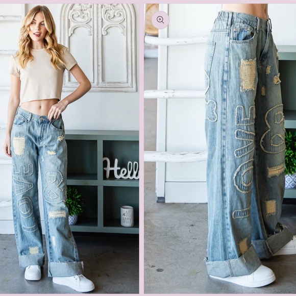 Oli & Hali | Jeans | Oli Hali Mineral Washed Wide Leg Jeans Love Patch Womens Denim Jeans Boho ...